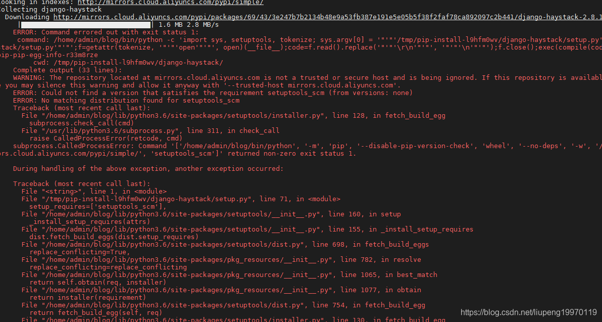 安装django Haystack失败:could Not Find A Version That Satisfies The
