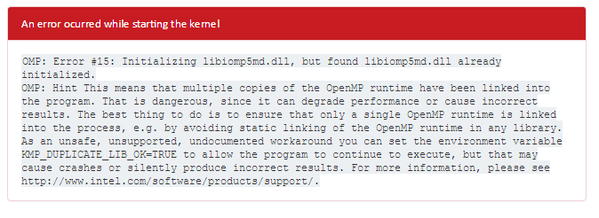 解决问题，spyder内核崩溃 Error #15: Initializing libiomp5md.dll, but found libiomp5md.dll already ...