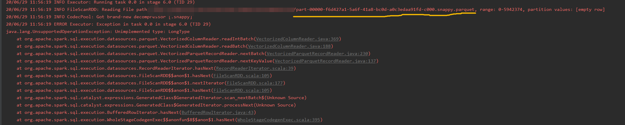 Spark报错: java.lang.UnsupportedOperationException: Unimplemented type:LongType_spark unsupported ...
