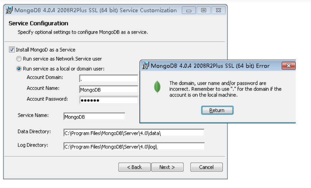 MongoDB Windows安装出现the domain,user name and/or password are incorrect-CSDN博客