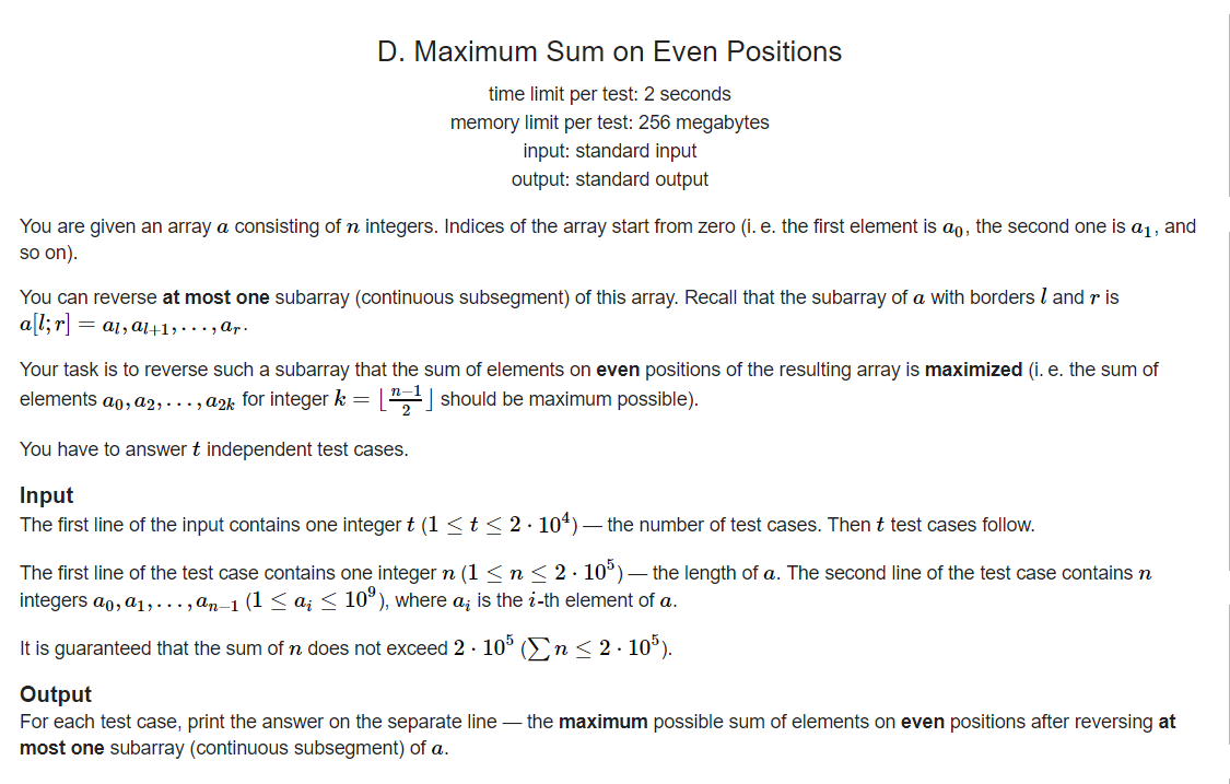 D. Maximum Sum on Even Positions-----------------------思维(类最大子段和)_a - maximum sum on even ...