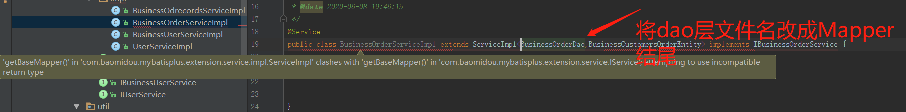 ‘getBaseMapper()‘ in ‘com.baomidou.mybatisplus.extension.service.impl.ServiceImpl‘ clashes with ...