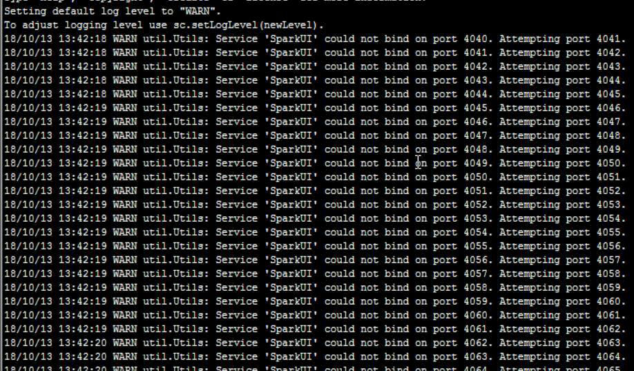 spark报错：warn util.utils::service ‘sparkUI‘ can not bind on part 4040.Attempting port 4041.4042等 ...