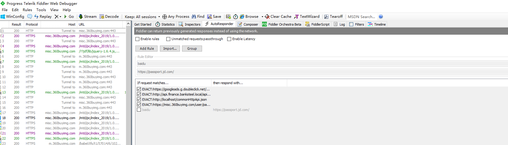 【Fiddle】The Fiddler AutoResponder is enabled, but this request did not match any of the listed ...