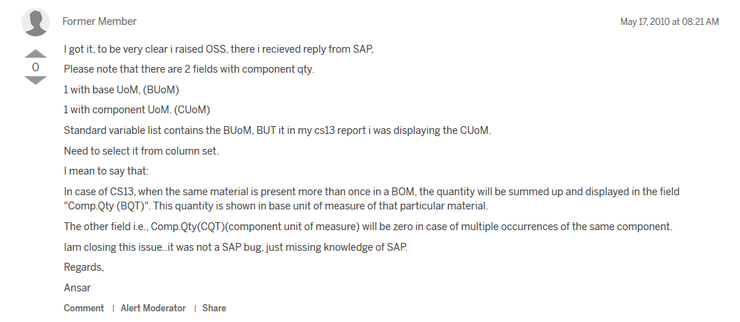 SAP中同一物料在BOM中出现多次的情况下在CS13中组件数量CUn显示为0的问题实例_sap cs13-CSDN博客