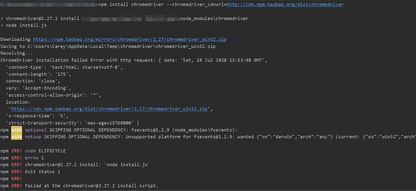 解决chromedriver@2.27.2install: `node install.js` 的问题_npm err! chromedriver@2.27.2 install: `node ...