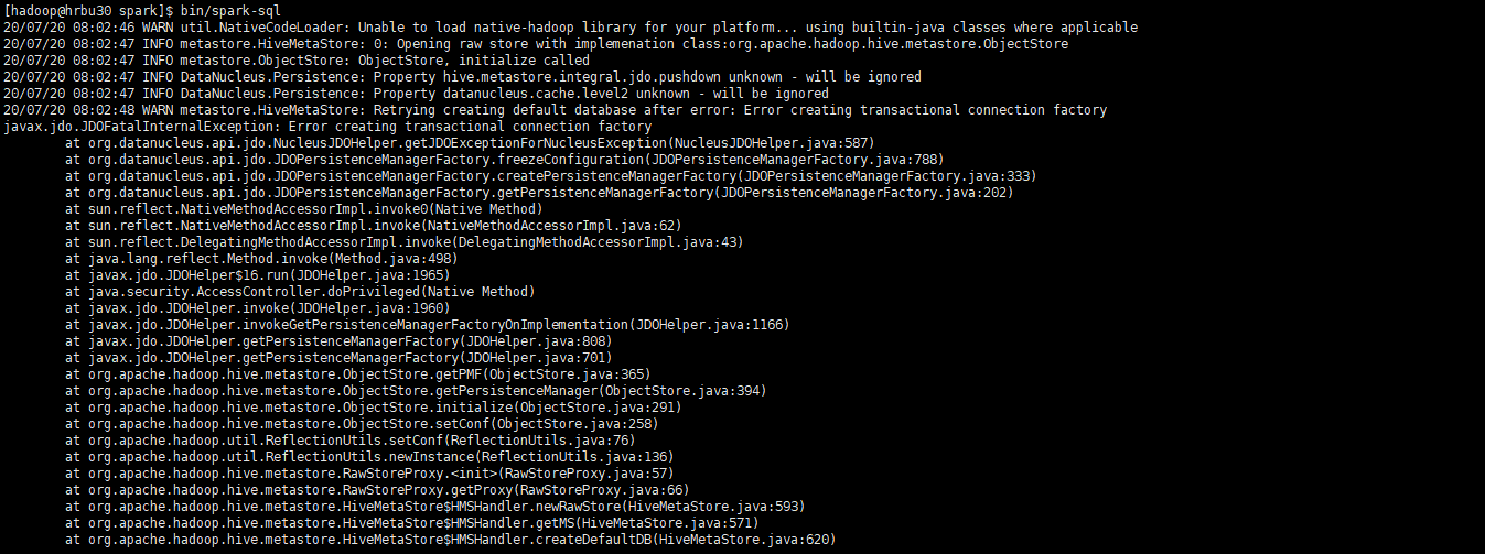 启动sparksql，报javaxjdojdofatalinternalexception Error Creating 4283