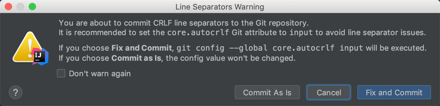 idea中git commit 的时候出现 you are about to commit crlf line separators to the git repository..._fix ...