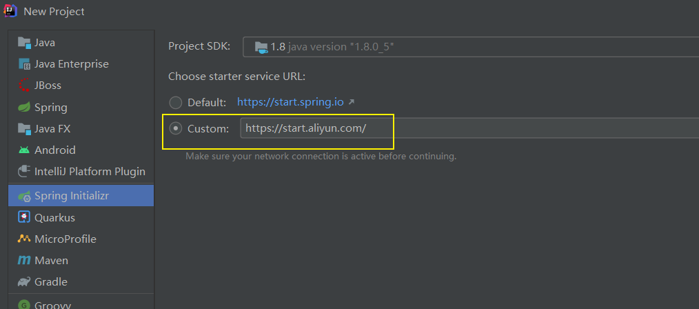 Spring Initializr创建项目，利用阿里云URL解决Initialization failed for https://start.spring.io Please check ...