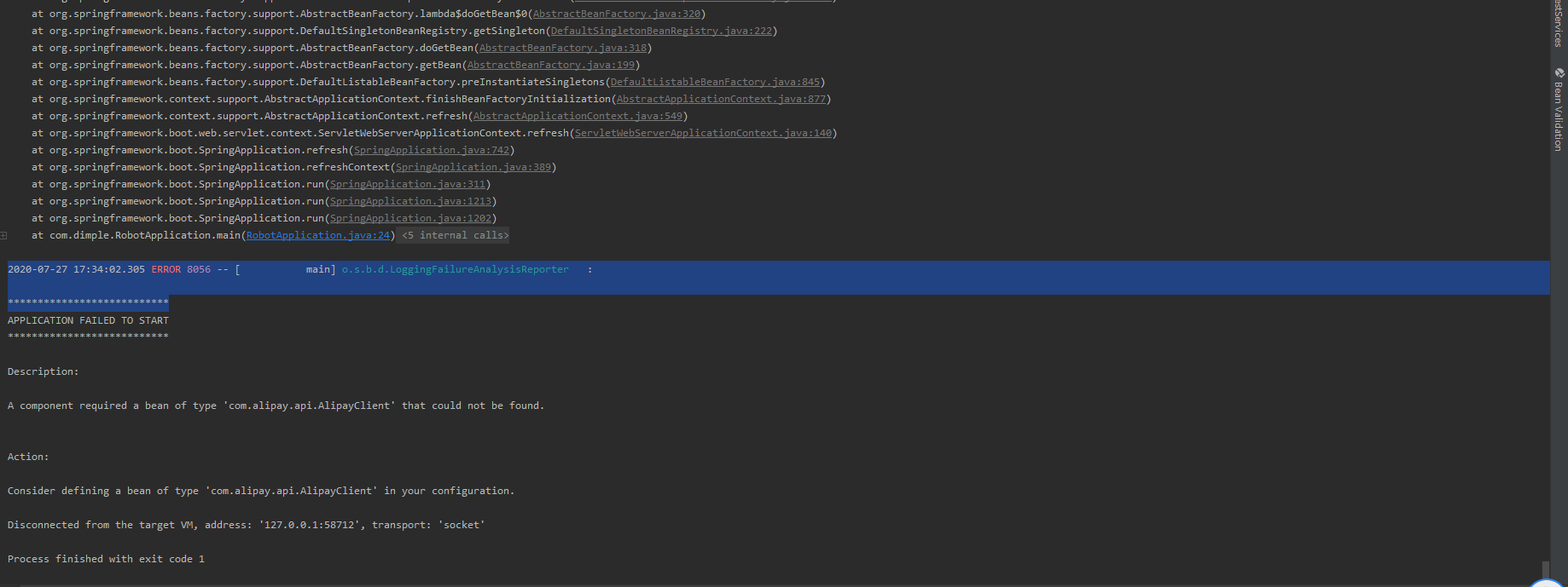 Consider defining a bean of type ‘com.alipay.api.AlipayClient‘ in your configuration._consider ...