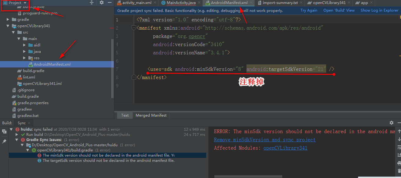 The minSdk version should not be declared in the android manifest file. You can move the version ...