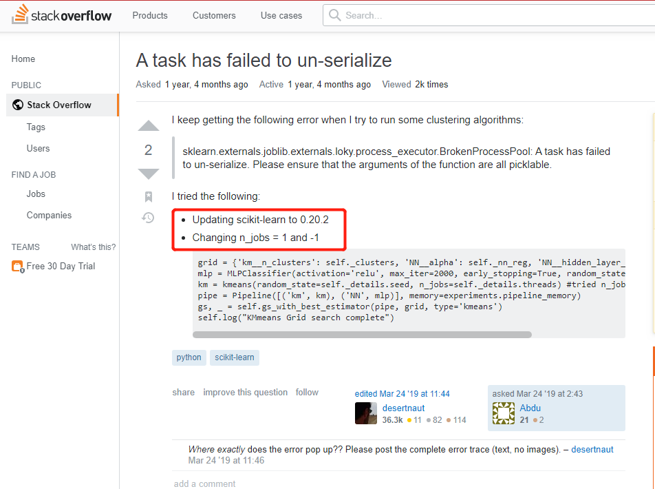 sklearn.externals.joblib.externals.loky.process_executor.BrokenProcessPool: A task has 未能取消序列化_a ...