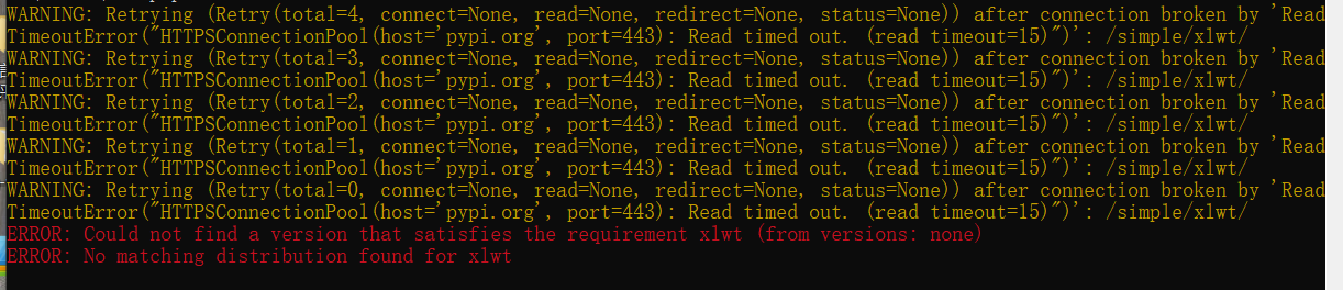 Python通过命令pip下载库提示黄色错误warning Retrying Retrytotal4 Connectnone Readnone Redirectnone 