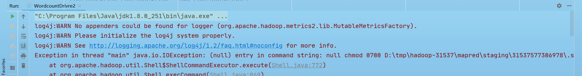 IDEA手写wordcount及Exception in thread “main“ java.io.IOException: (null) entry in command string ...