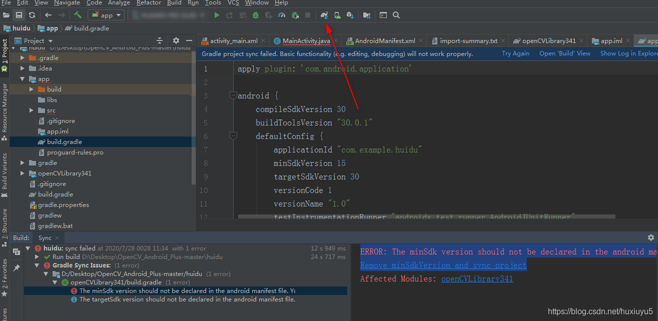 The minSdk version should not be declared in the android manifest file. You can move the version ...