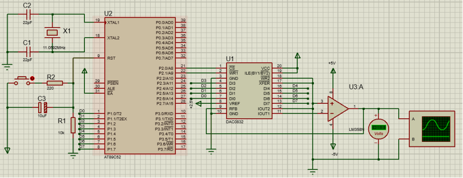 单片机 DAC0832数模转换实验_使用da0832转换器,直通工作方式,将数字量(0-255)转换为模拟量(0-5v),在三个数码管-CSDN博客