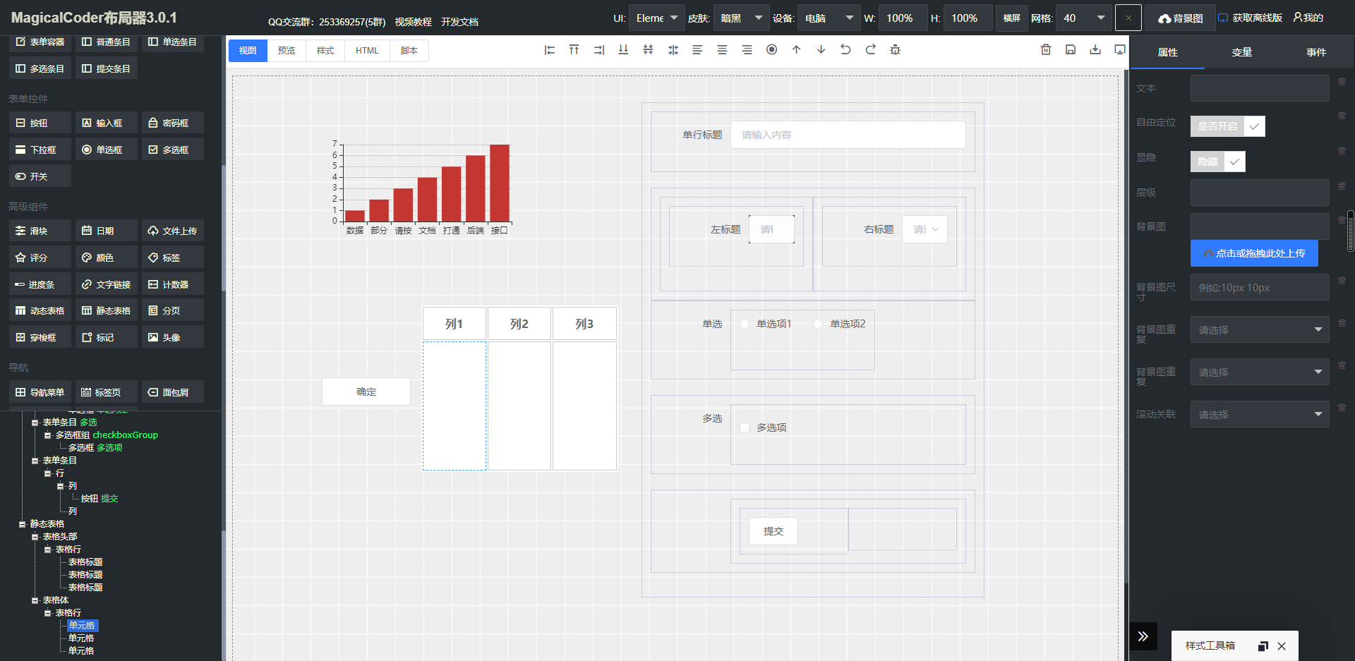 前端H5可视化拖拽布局器-Layui,Bootstrap,element,antdesign-可视化表单设计器-大屏设计器-数据可视化-echarts拖拽自定义_elment plus 大屏 ...