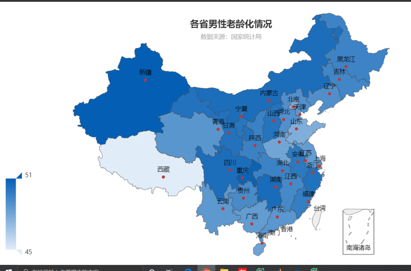 pyecharts画中国地图（省、市）：如何调整渐变颜色、浏览器中大小、生成的HTML打开是空白无法显示的问题_pyecharts地图颜色 ...