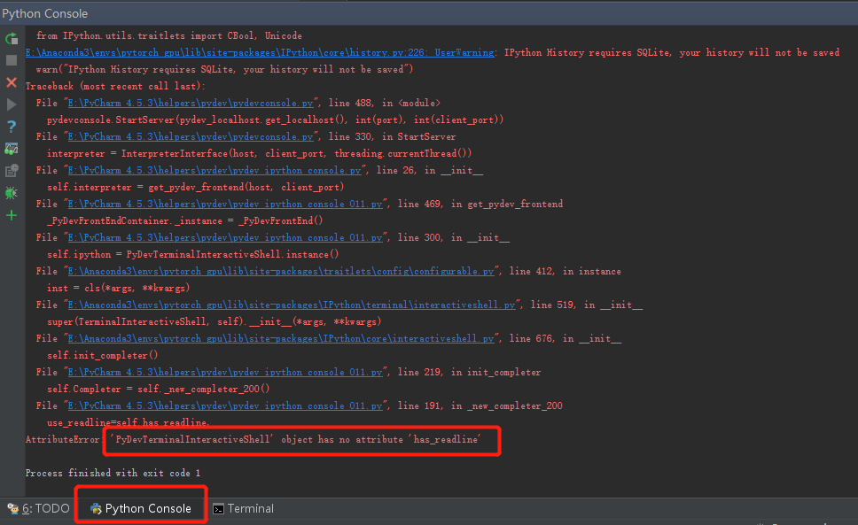 解决PyCharm打开Console出现 ‘PyDevTerminalInteractiveShell‘ object has no attribute ‘has_readline‘ 报错的 ...