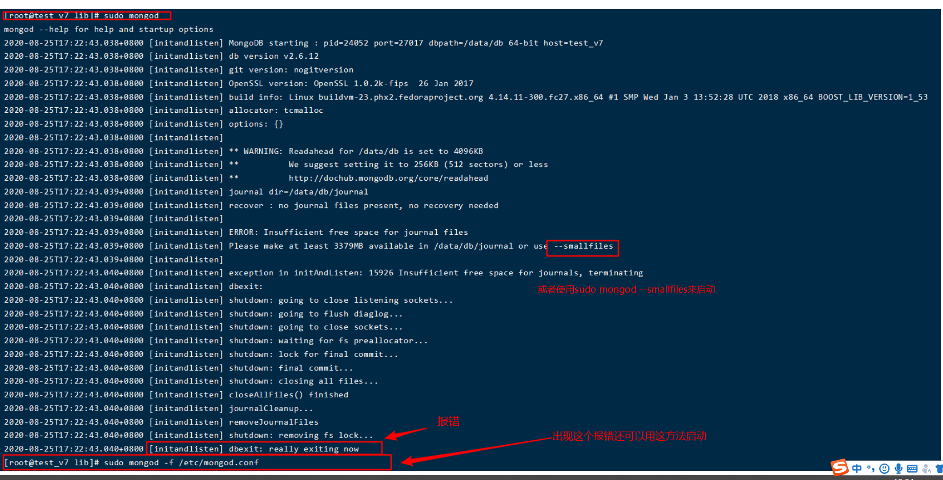 centos中启动mongodb的时候启动不了报了这个错误Job for mongod.service failed because the control process exited ...