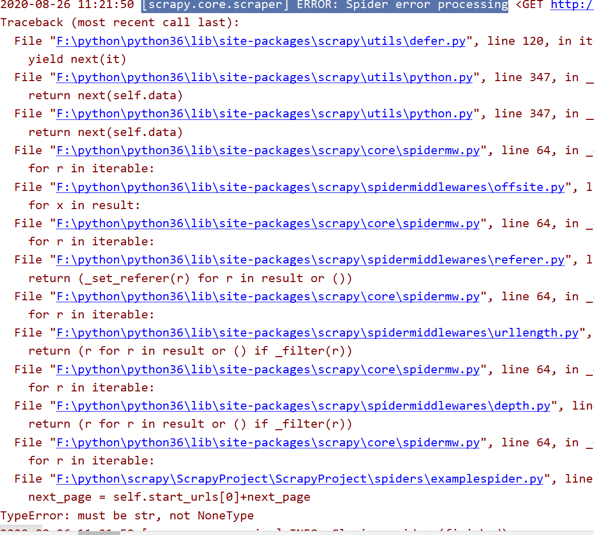 Scrapy爬取数据[scrapy.core.scraper] ERROR: Spider error processing解决办法_error: spider error ...