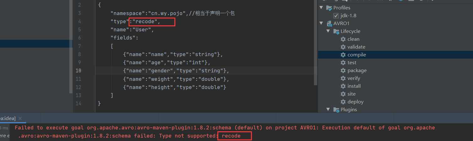 Failed to execute goal org.apache.avro:avro-maven-plugin:1.8.2:schema (default) on project AVRO1 ...