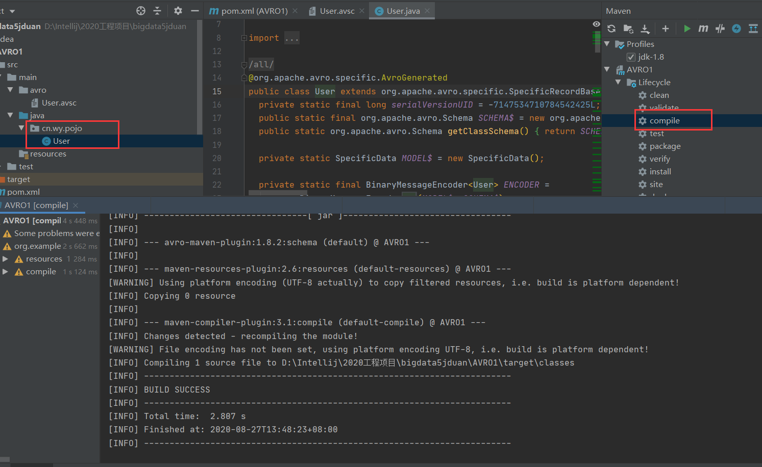 Failed to execute goal org.apache.avro:avro-maven-plugin:1.8.2:schema (default) on project AVRO1 ...