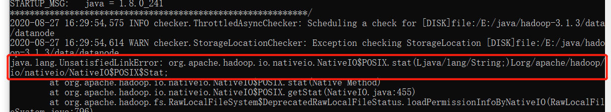 Hadoop启动报错org.apache.hadoop.io.nativeio.NativeIO$POSIX.stat(Ljava/lang/String；)Lorg/apache ...
