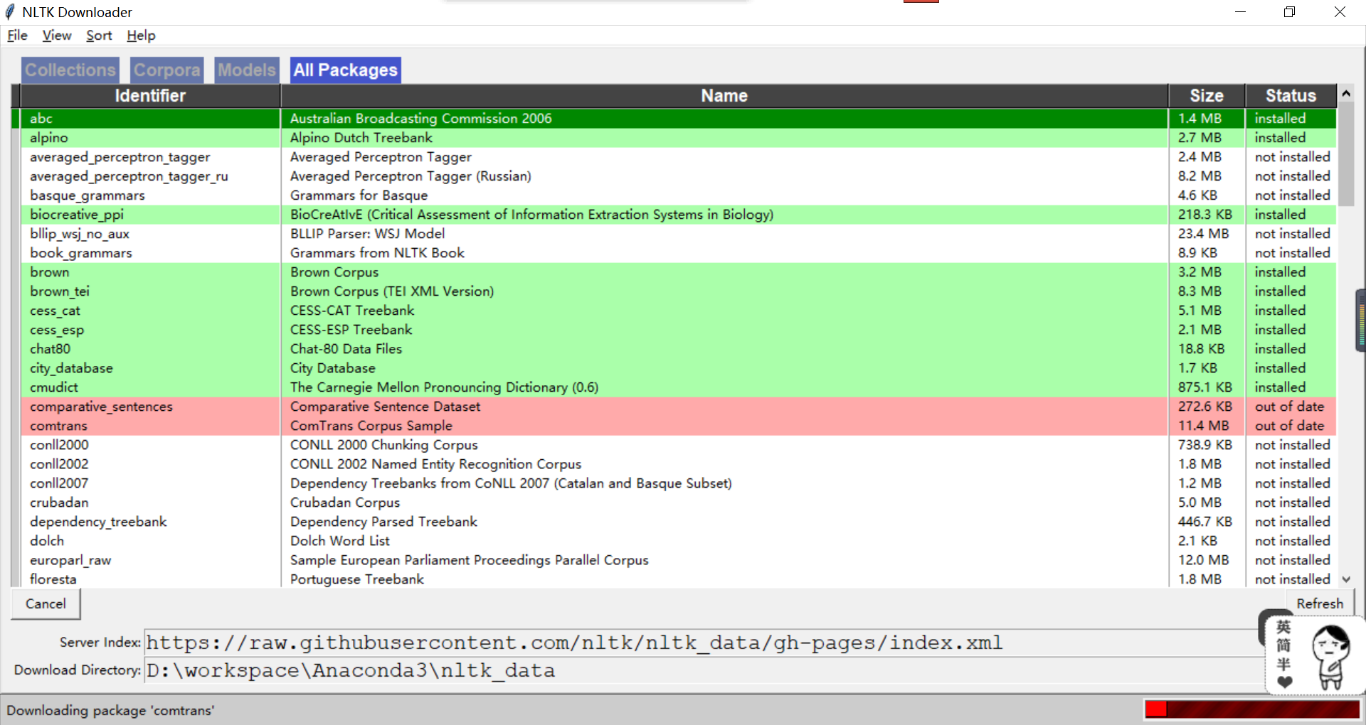自然语言处理工具包nltk下的nltk_data安装_nltk库如何查看自己里面是否下载了语言包-CSDN博客