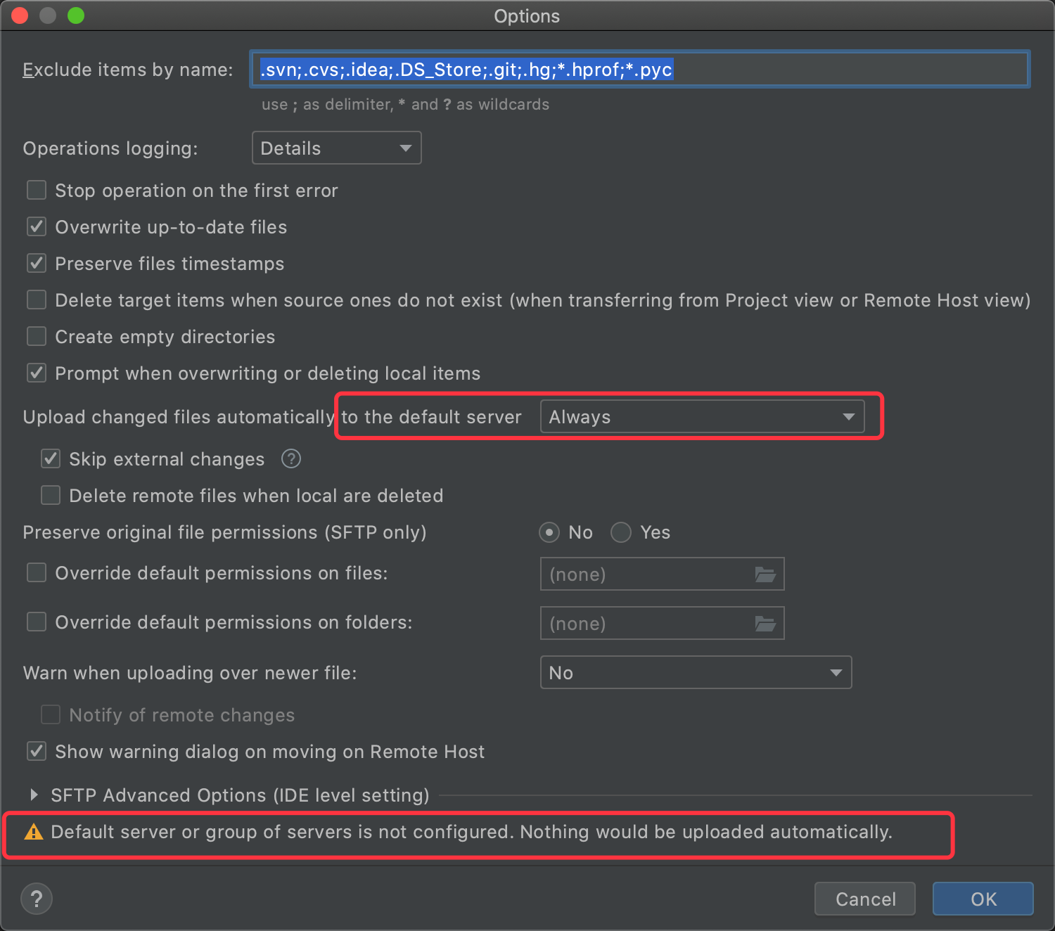 Default server or group of server is not configured. Nothing would be uploaded automatically ...