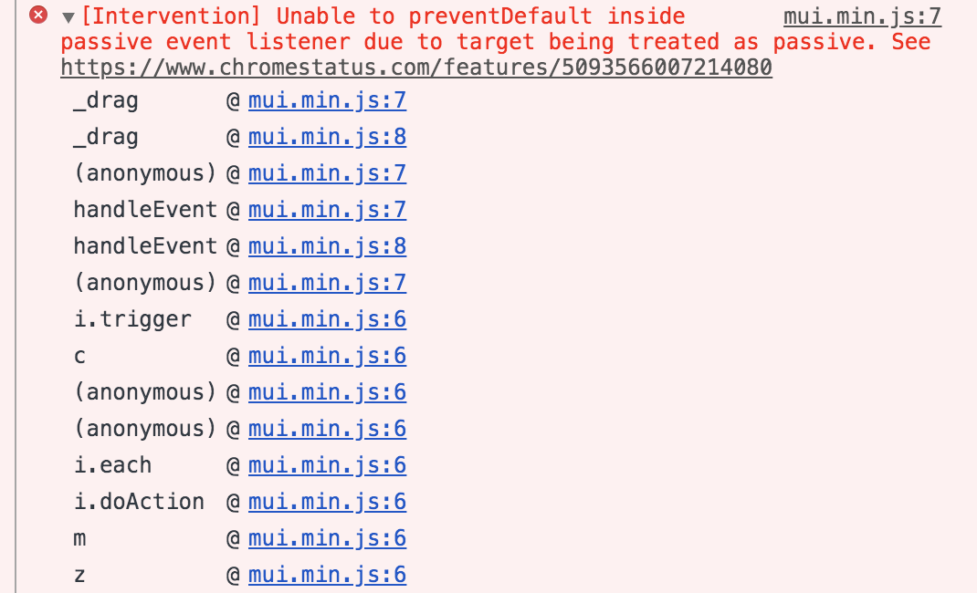 mui报错：[Intervention] Unable to preventDefault inside passive event listener due to target being ...