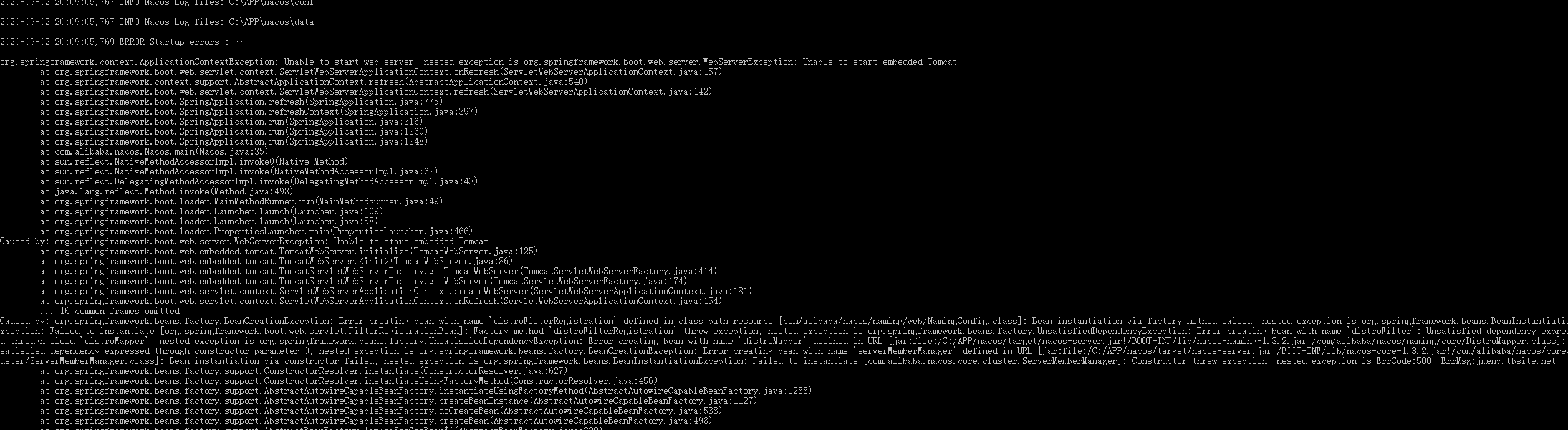 nacos启动报org.springframework.context.ApplicationContextException: Unable to start web server ...