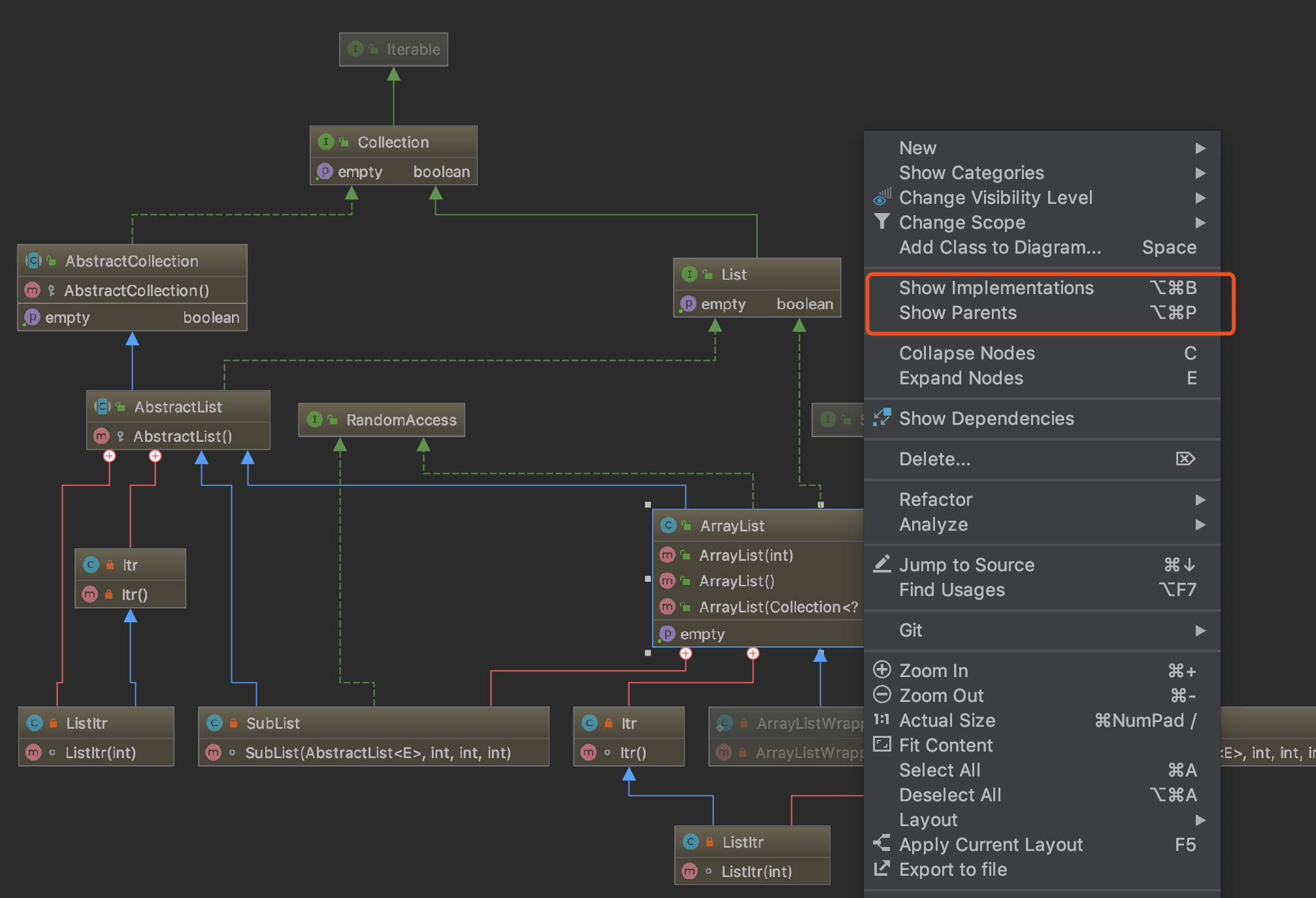 IDEA Diagrams use (class relationship diagram, subclass, parent class ...