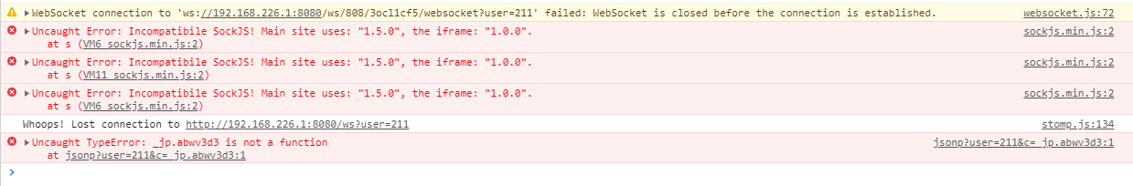 Incompatibile SockJS! Main site uses: “1.5.0“, the iframe: “1.0.0“. at ...