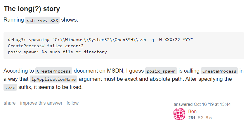 windows 10 ssh proxycommand 报错: “posix_spawn: No such file or directory”(46)_createprocessw ...