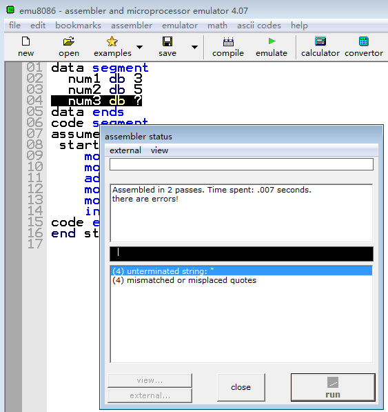 在emu8086中学习汇编语言加减法程序_emu8086两位十进制相乘后相加-CSDN博客