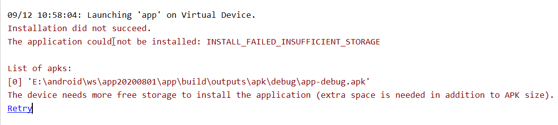 The simulator installs the app error INSTALL_FAILED_INSUFFICIENT ...