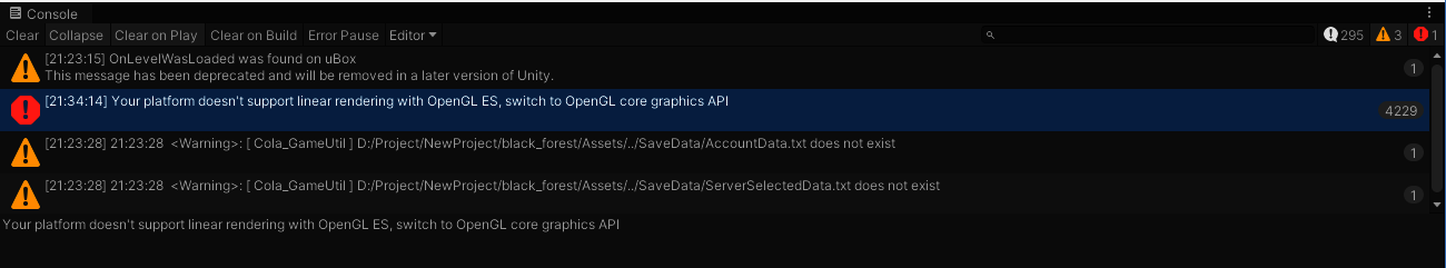 unity-bug:Your platform doesn‘t support linear rendering with OpenGL ES, switch to OpenGL core ...