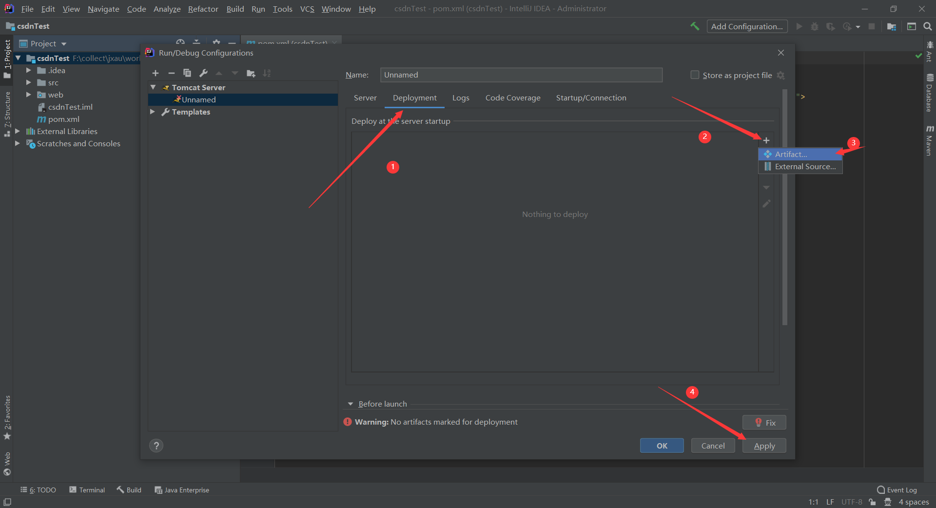 idea空Maven项目部署Tomcat提示：no artifacts configured 、以及后续 No artifacts marked for deployment解决方案_: no ...