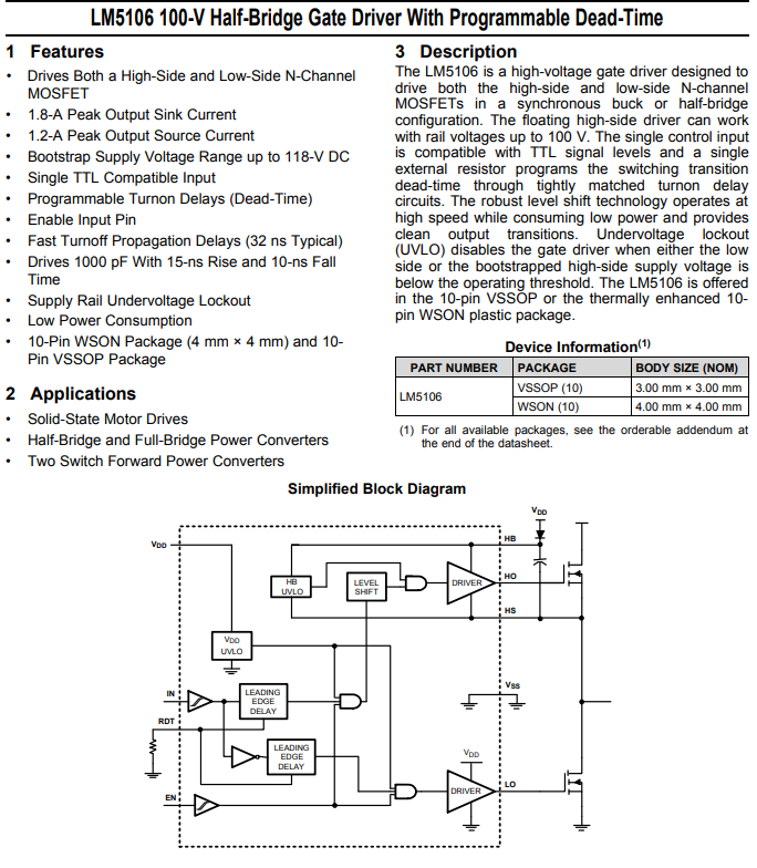 LM5106MMX/NOPB 德州TI 具有 8V UVLO 和可编程死区时间的 1.2A、1.8A、100V 半桥栅极驱动器_lm5106 ...