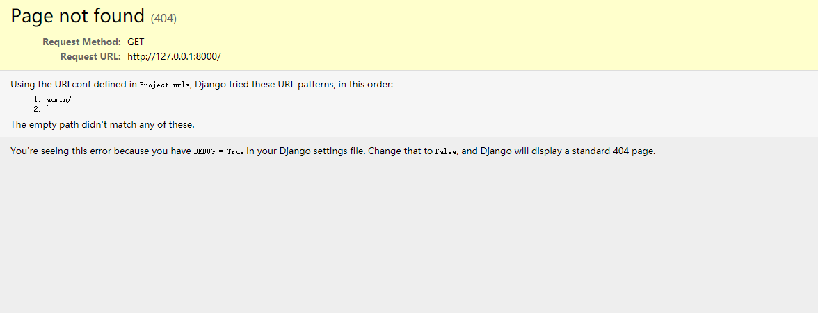 The empty path didn‘t match any of these. You‘re seeing this error because you have DEBUG = True ...