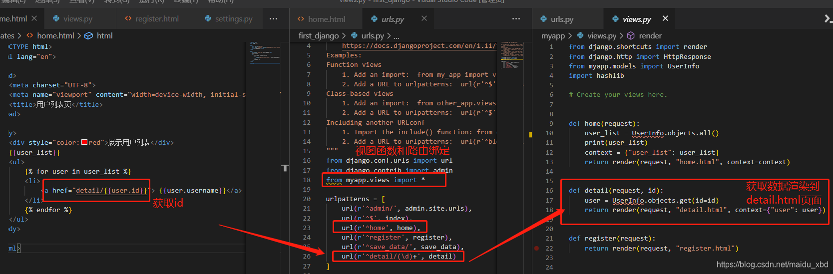 Django 将后端数据展示在前端页面(展示用户列表及详情页)vscode写django怎么让后台数据显示到前端html Csdn博客