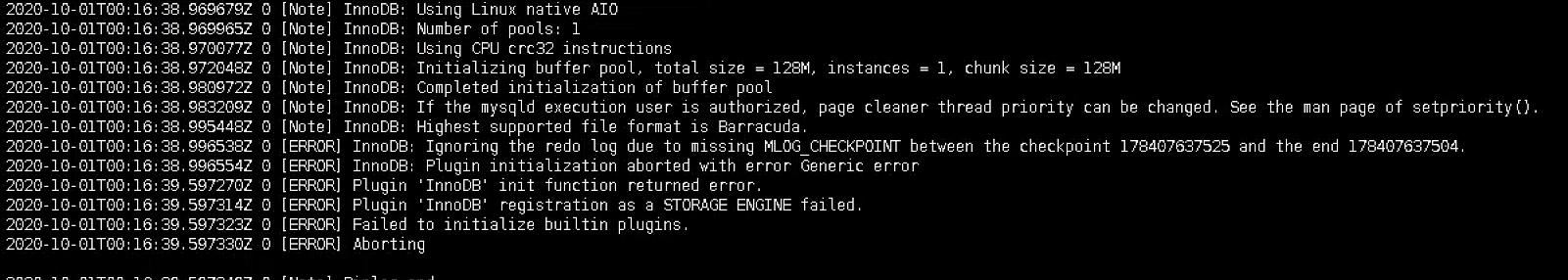 Mysql 数据库无法启动（ignoring The Redo Log Due To Missing Mlogcheckpoint Between The Checkpoint 