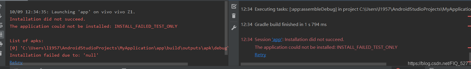 安卓真机调试安装失败session ‘app‘ Installation Did Not Succeed The Application