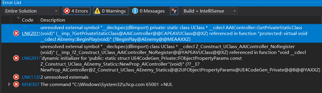 UE4 错误信息：unresolved external symbol “__declspec(dllimport) private: static class UClass ...