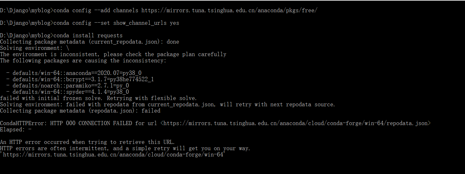 解决conda install Collecting package metadata (current_repodata.json): failed An HTTP error ...