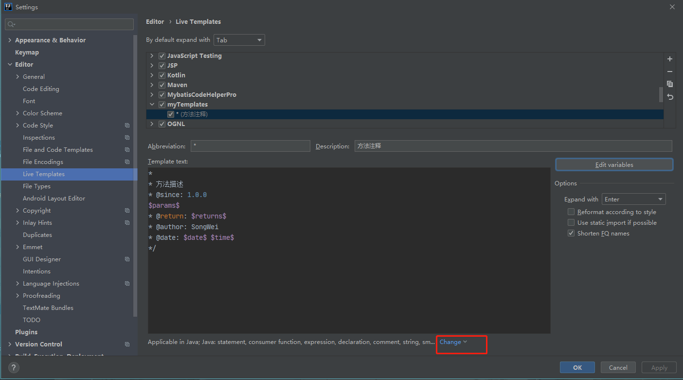 IDEA注释模版（Java param括号、return全类名）_methodreturntype不显示全类名-CSDN博客