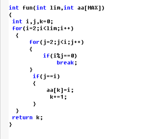 编写函数 int fun(int lim,int aa[MAX])，该函数的功能是求出小于lim的所有素数并放在aa数组中，该函数返回求出素数的个数。_编写函数 int fun(int lim ...