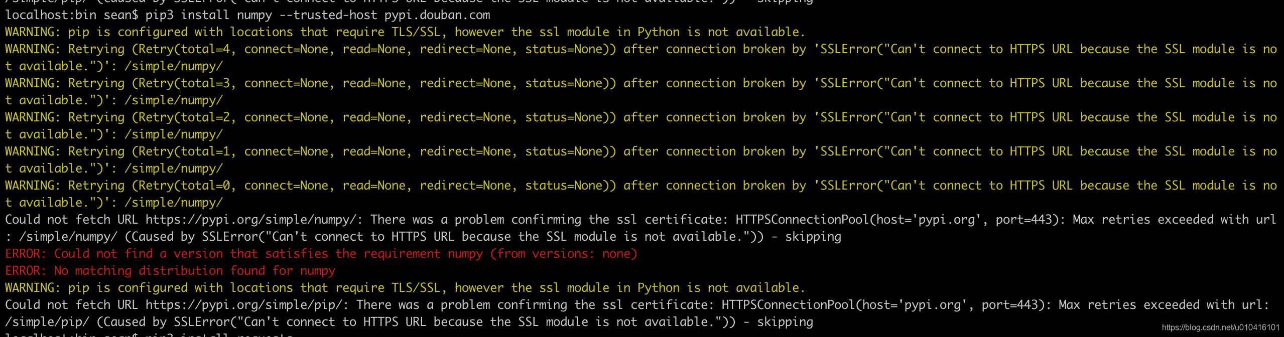 Python开发 Python导入第三方包遇到的ssl异常pip3 Install Numpy Warning Retrying Csdn博客