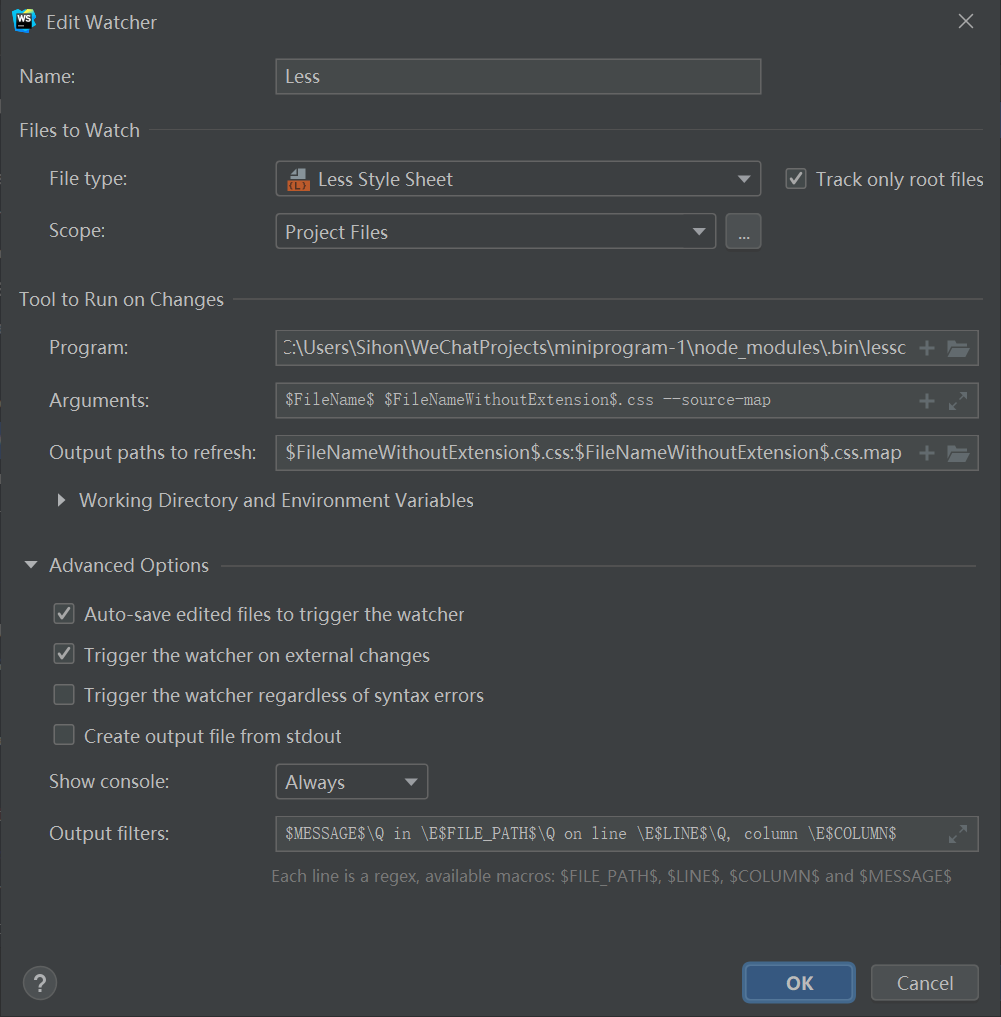 WebStorm配置less（解决Failed to run File Watcher ‘Less‘./不是有效的 Win32 应用程序。）_webstrom无法运行watch less-CSDN博客